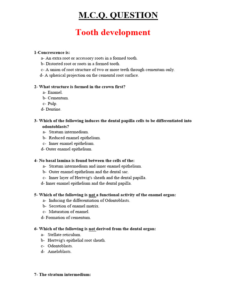 Tooth Development MCQ + True False | PDF | Human Tooth | Epithelium