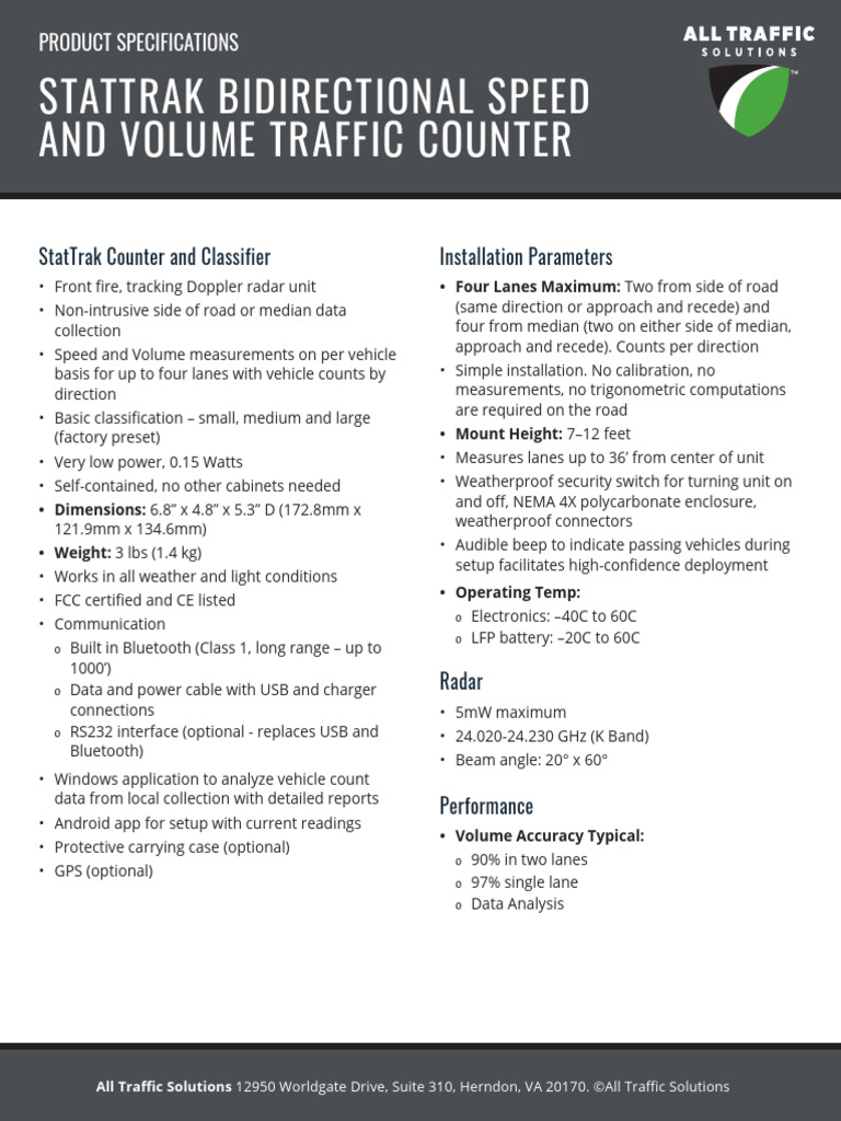 stattrak bidirectional speed and volume counter specs | PDF | Traffic | Usb