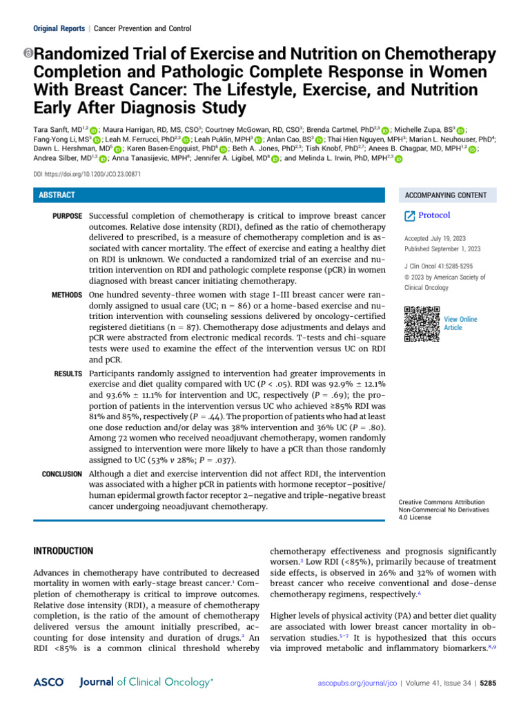 Exercise and Nutrition On Chemotherapy Completion and Pathologic ...