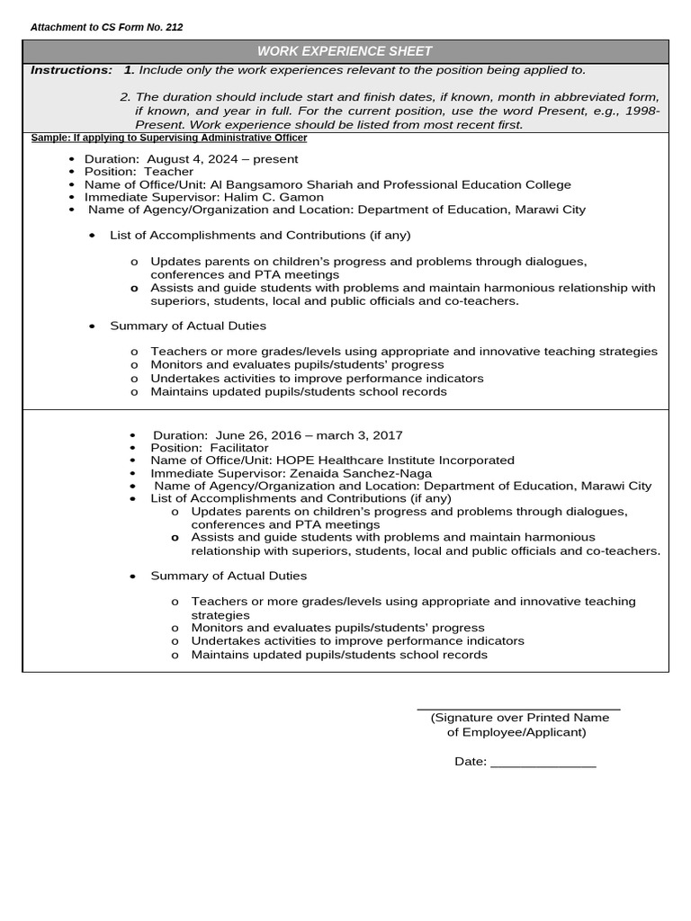 CS Form No. 212 Attachment - Work Experience Sheet | PDF | Teachers | Learning