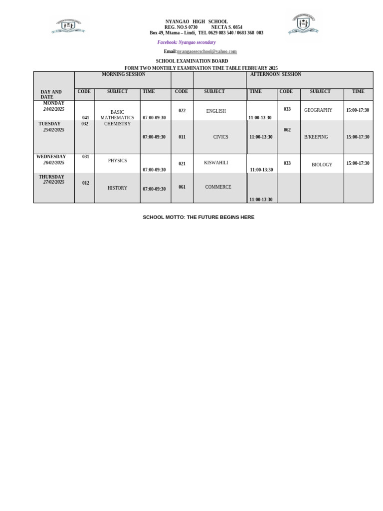 Form Two Exam Timetable February 2025 | PDF