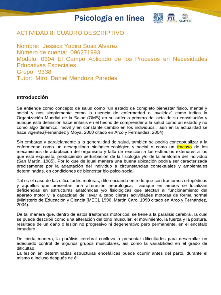Sosa UnidadVIII Act8 | PDF | Parálisis cerebral | Evaluación