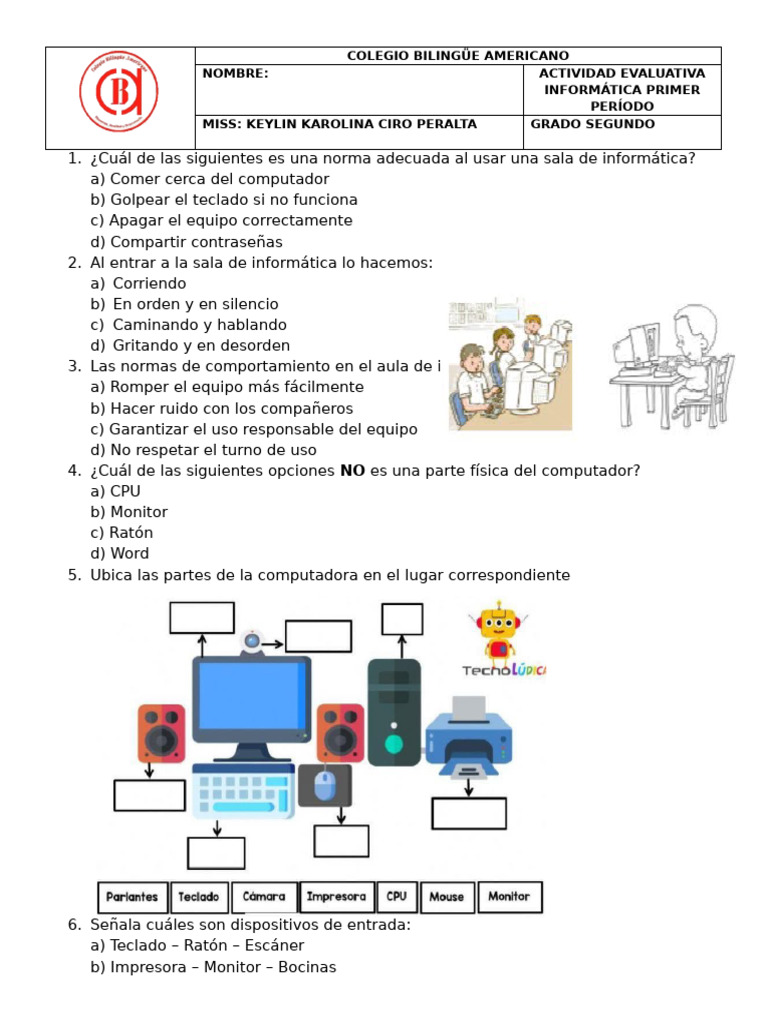 EXAMEN INFORMÁTICA PRIMER PERIODO GRADO 2° | PDF