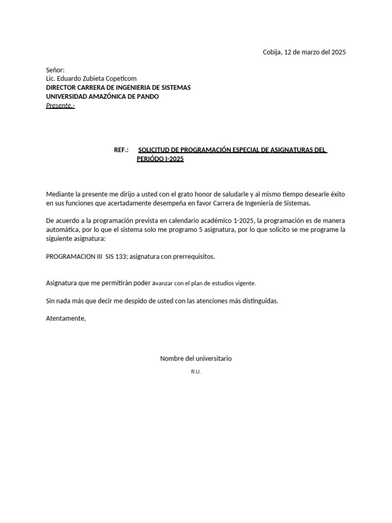 001 Solicitud de Programacion Especial Periodo 1-2025 | PDF
