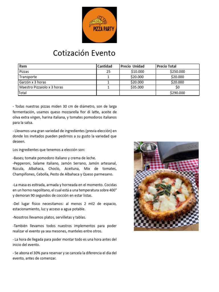 Cotización Evento 25 Pizzas . | PDF