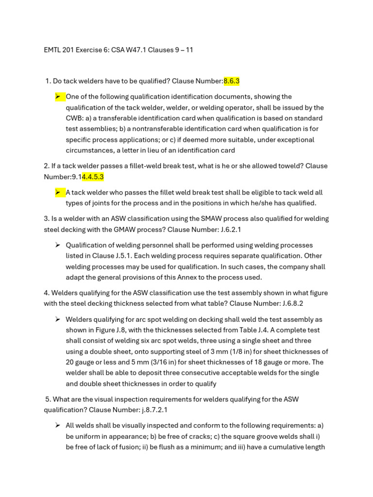 Emtl 201 Exercise 6 Csa w47 | PDF | Welding | Construction