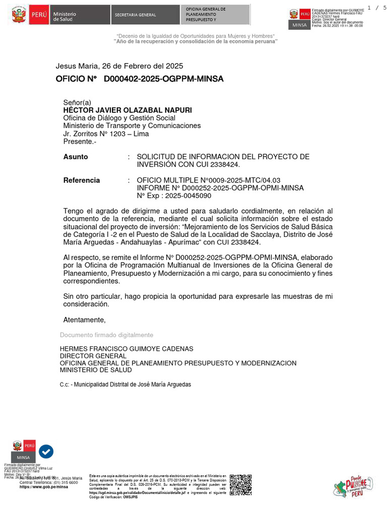 Oficio N°d000402-2025-Ogppm-Minsa | PDF | Perú | Lima