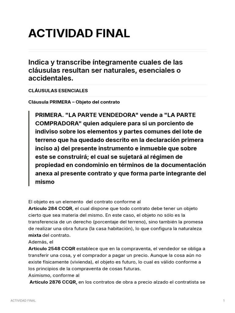 Clausulas Naturales Esenciales y Accidentales de Un Contrato | PDF ...