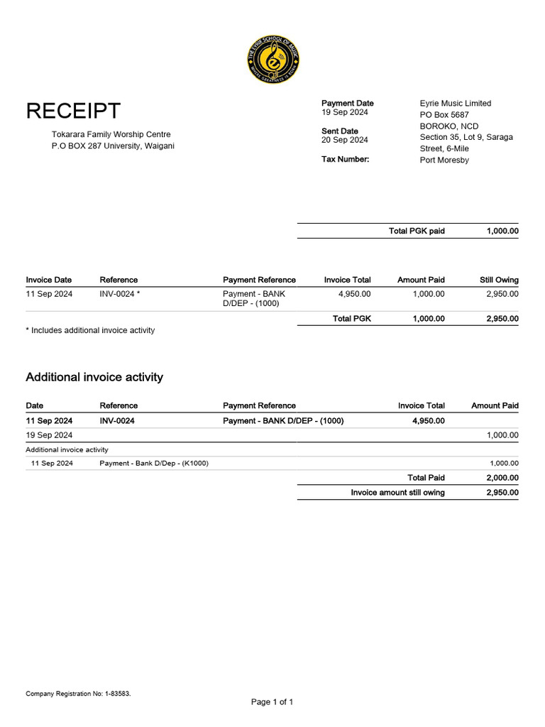 Receipt From Eyrie Music Limited 19sep2024 | PDF | Business Documents