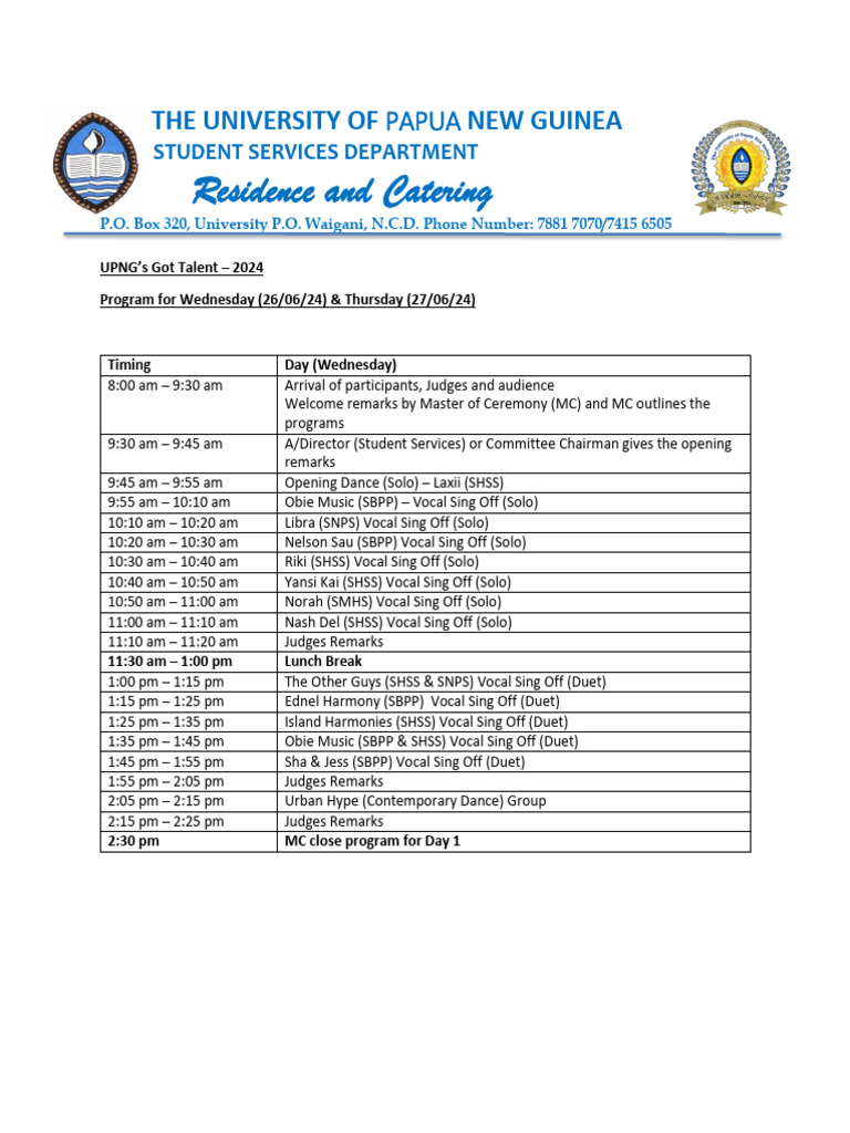 UPNG's Got Talent Program - 2024 | PDF