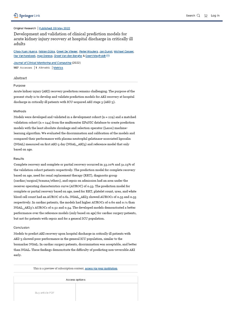 Development and Validation of Clinical Prediction Models For Acute ...