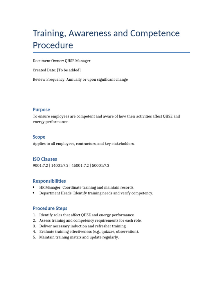 Training, Awareness and Competence Procedure | PDF