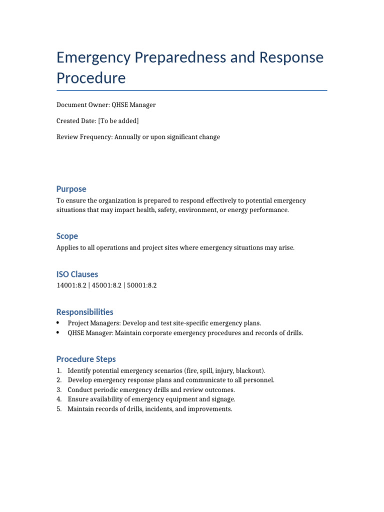 Emergency Preparedness And Response Procedure Pdf