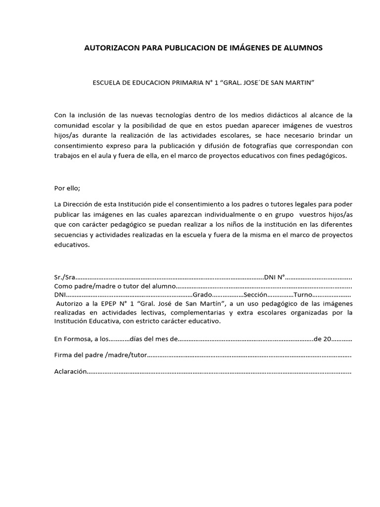 Autorización para Publicar Imágenes Escolares | PDF