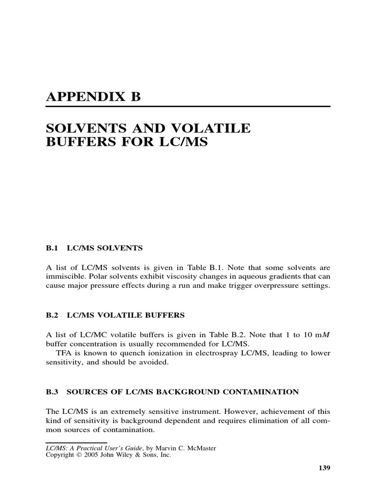 LC MS - 2005 - McMaster - Appendix B Solvents and Volatile Buffers For LC MS | PDF | Liquid ...