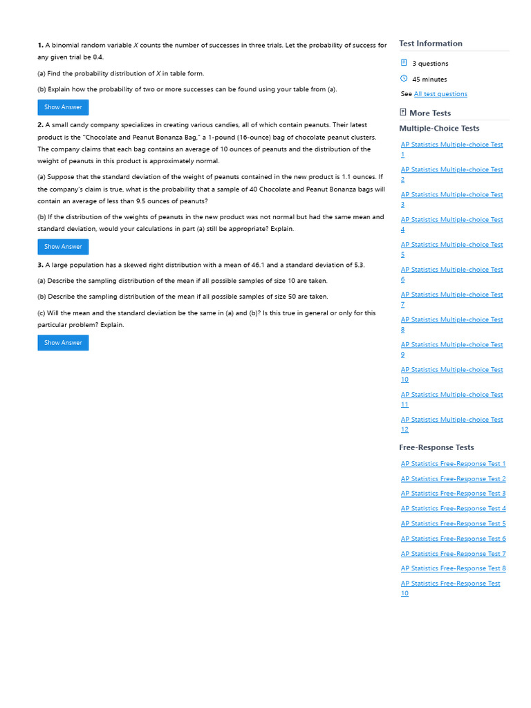 AP Statistics Free-Response Practice Test 9 Binomial Distribution ...