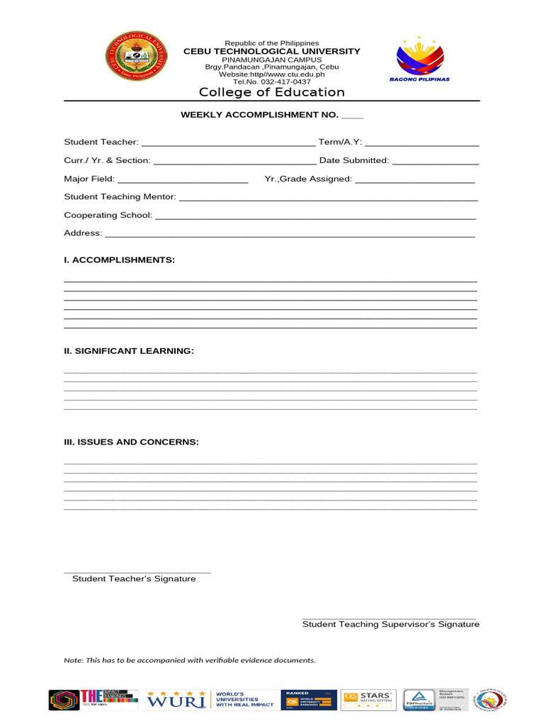 Student Teacher Weekly Accomplishment Form 2 | PDF | Teaching ...