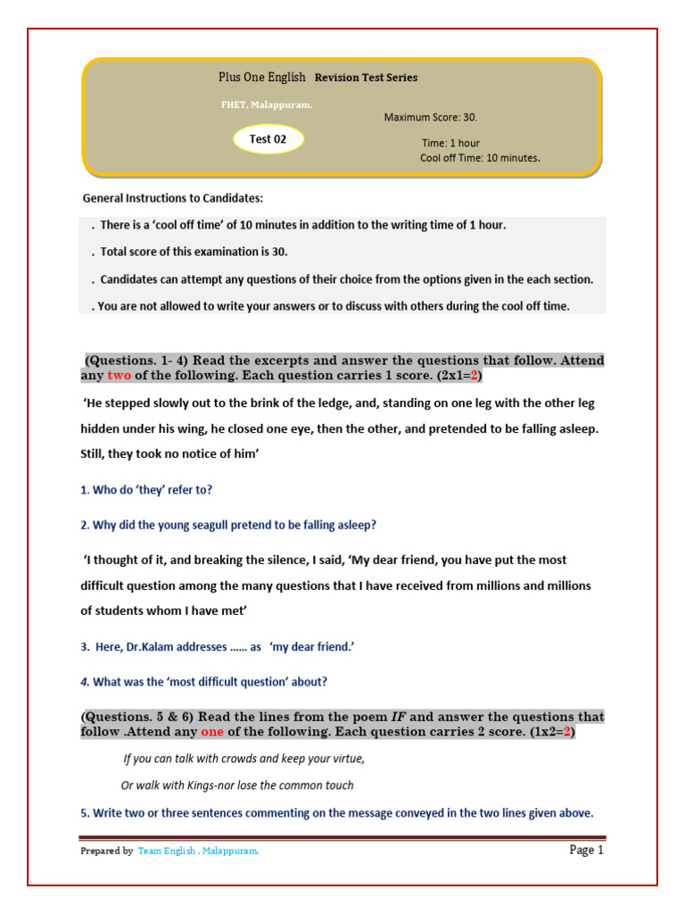 Hsslive Xi English Revison Test 02 250216 174852 | PDF | Rudyard ...