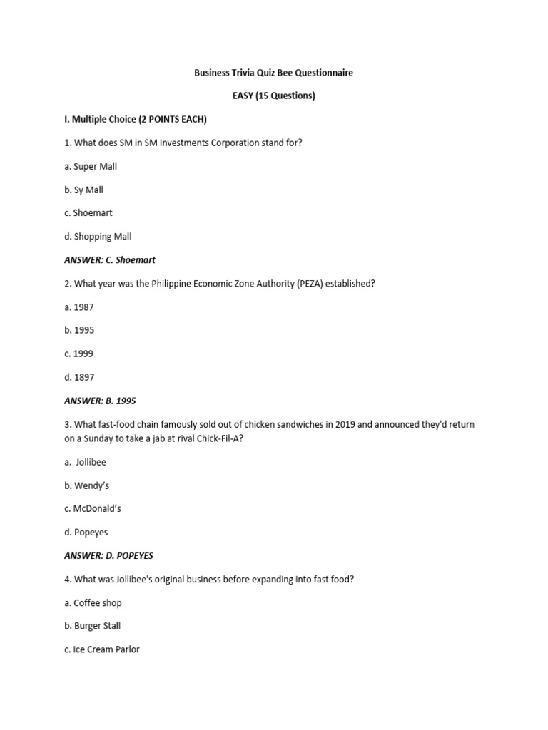 Business Trivia Quiz Bee Questionnaire | PDF | Balance Sheet | Business
