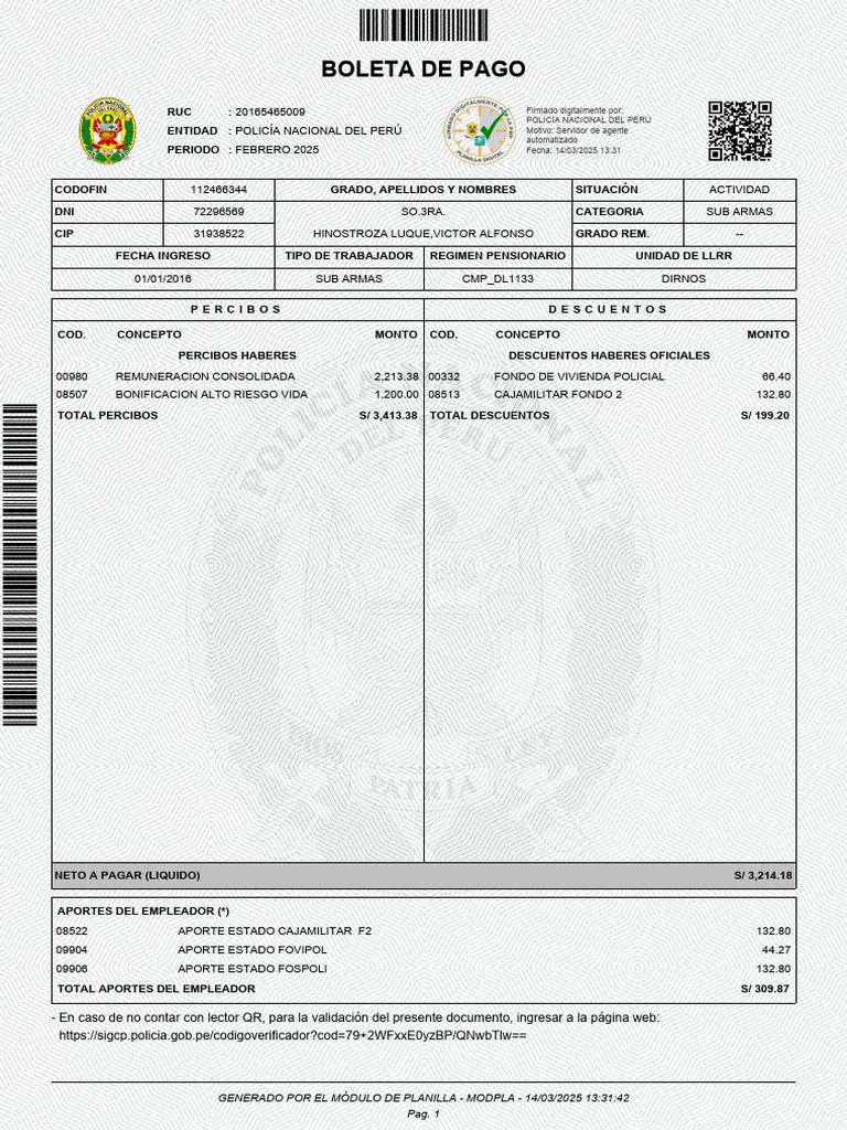 Boleta de Pago PNP - Febrero 2025 | PDF
