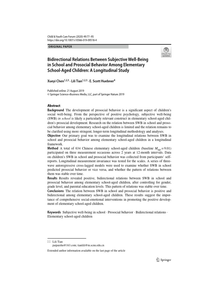 Bidirectional Relations Between Subjective Well Being in School and ...