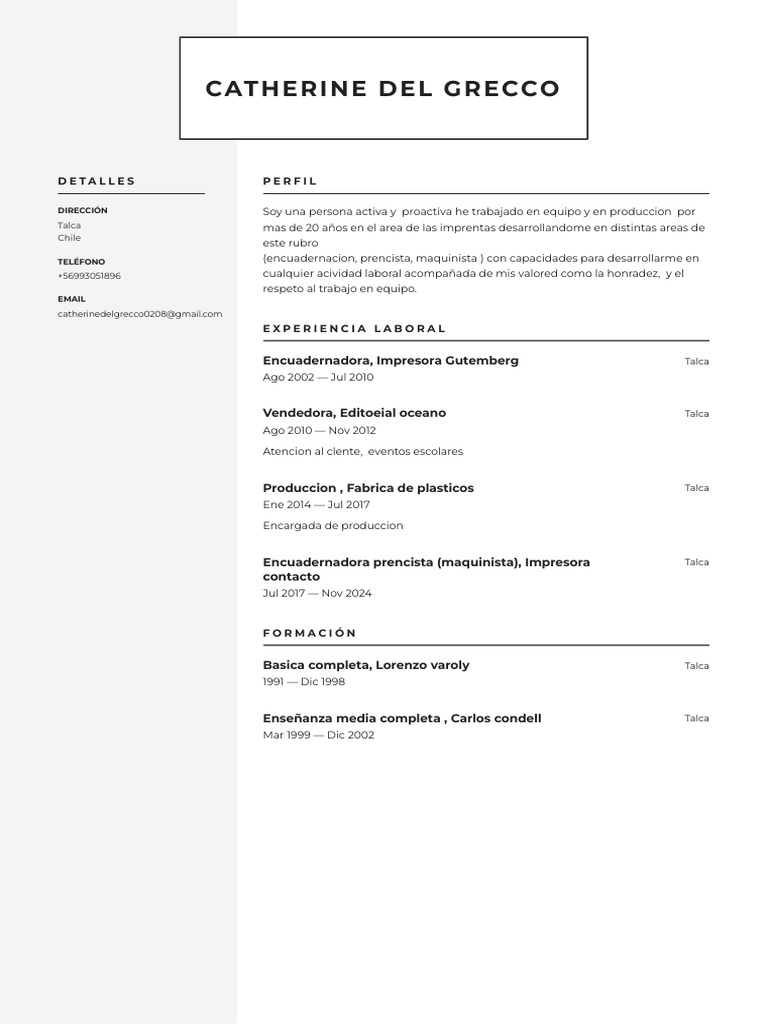 Perfil Profesional de Catherine Del Grecco | PDF