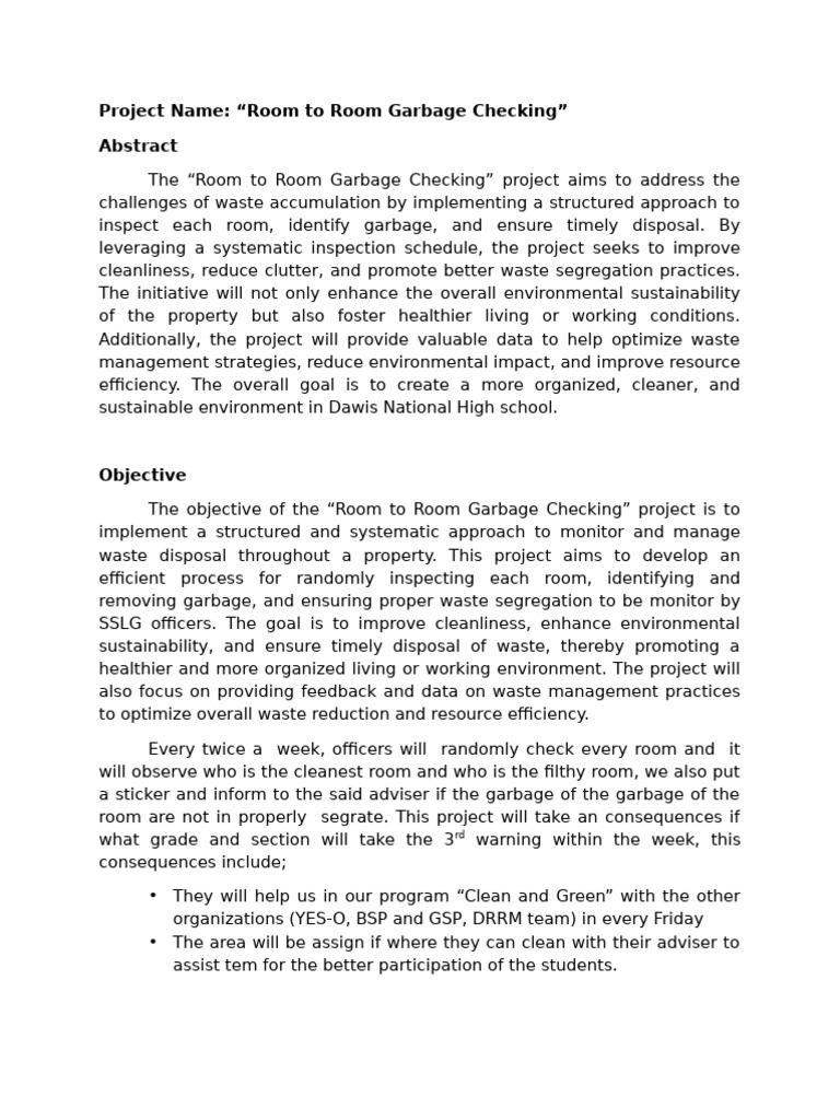 Project Proposal - Room To Room Garbage Checking | PDF | Waste ...