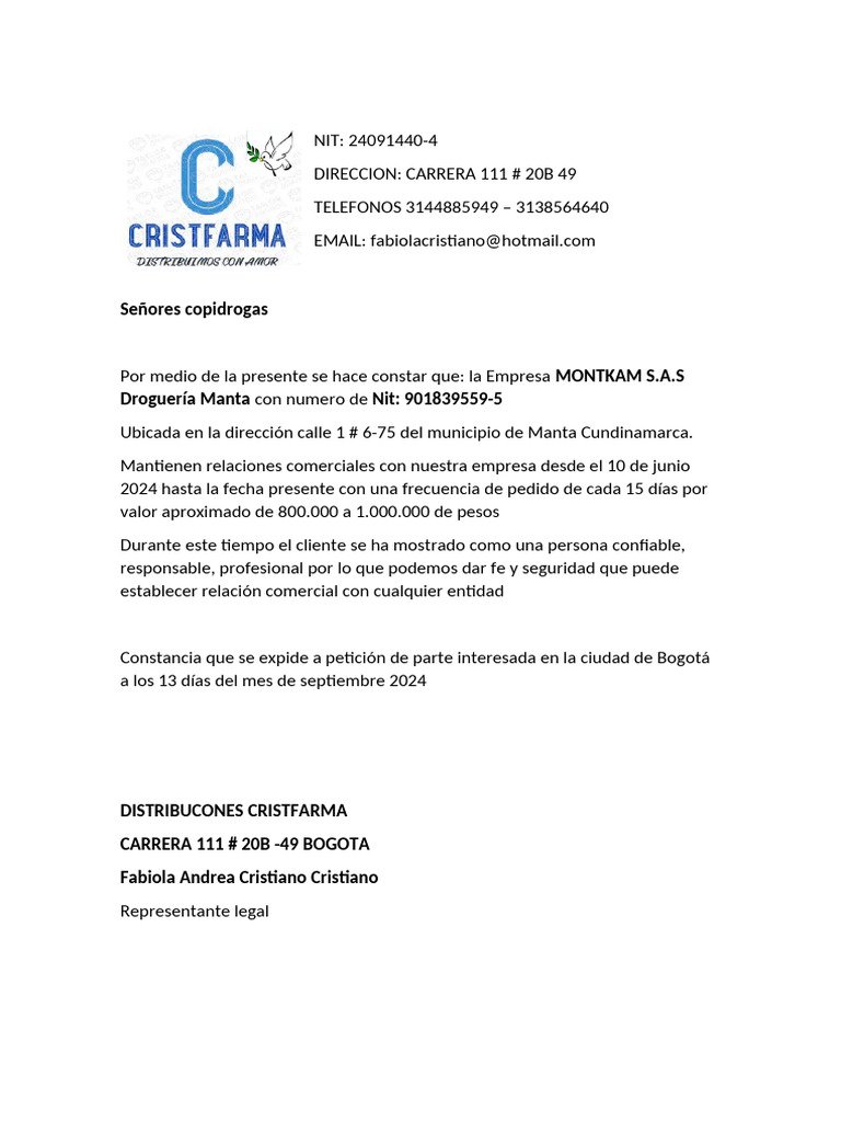 Constancia de relación comercial con Copidrogas | PDF