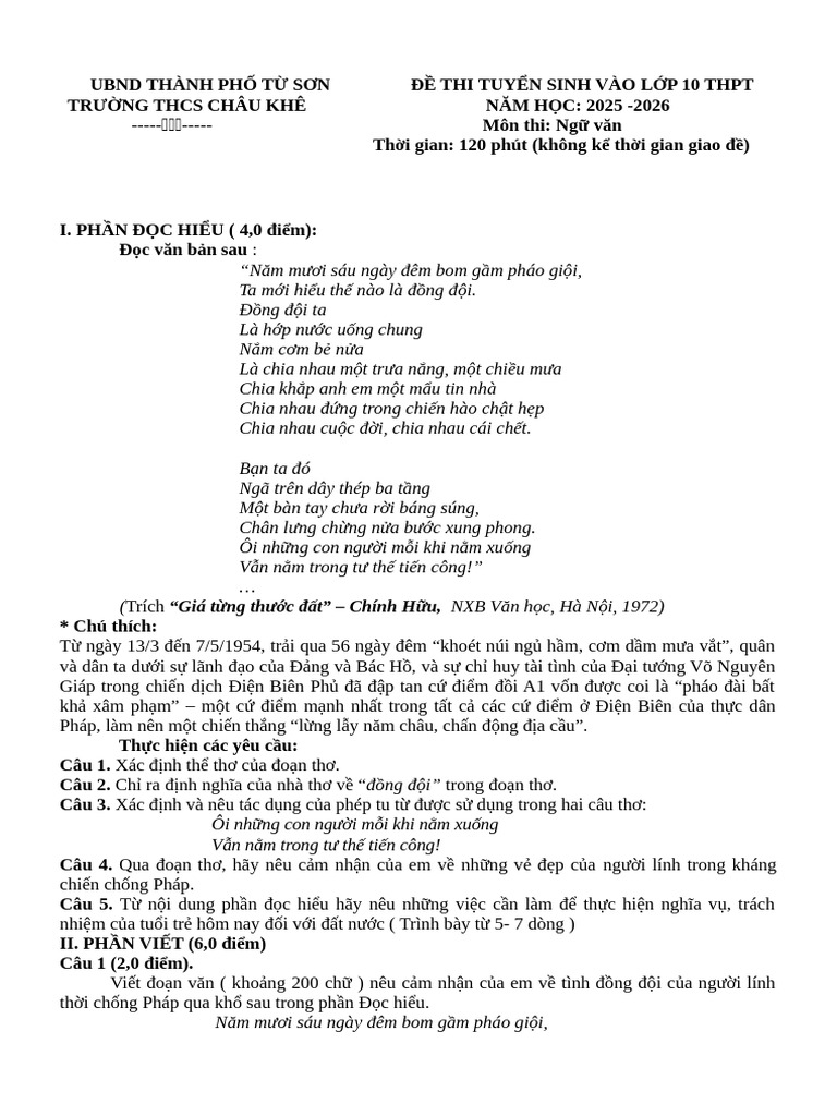 4 - Đề thi vào 10 - THCS Châu Khê | PDF