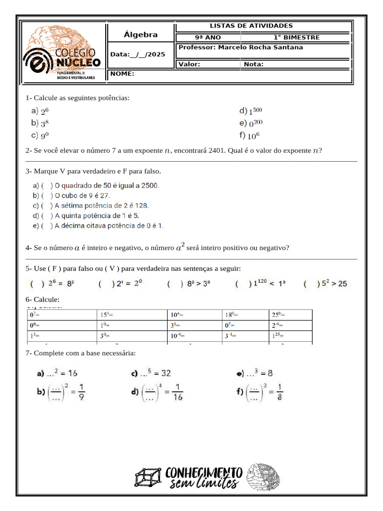 ATIVIDADE DE ÁLGEBRA-9º ANO | PDF