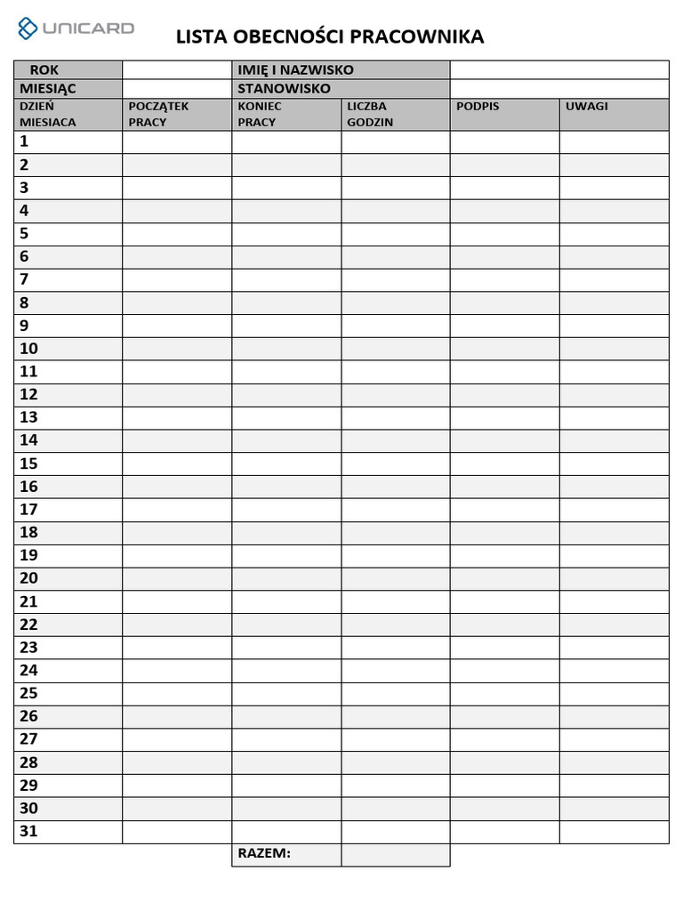 Lista Obecnosci Wzor PDF Jeden Pracownikdswnahjdsdzdz | PDF