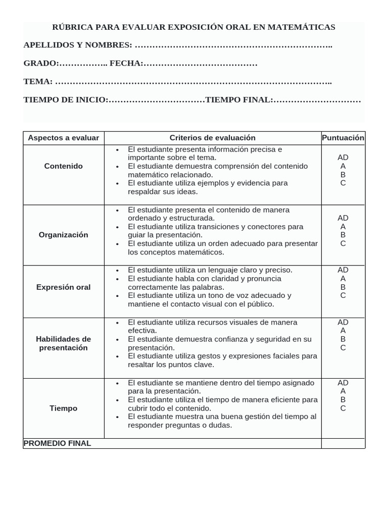 Rúbrica de Evaluación para Exposición Oral | PDF | Comunicación humana ...