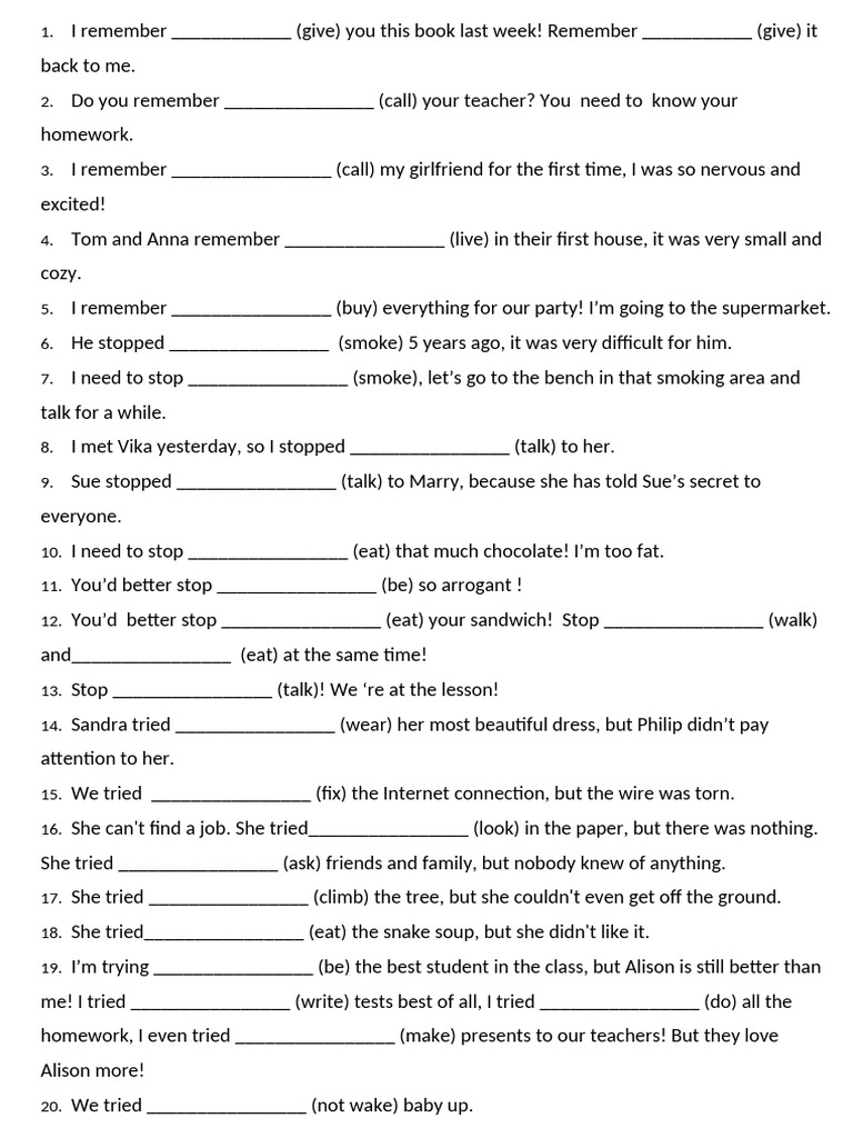 Infinitive and Gerund With Stop Try Remember | PDF