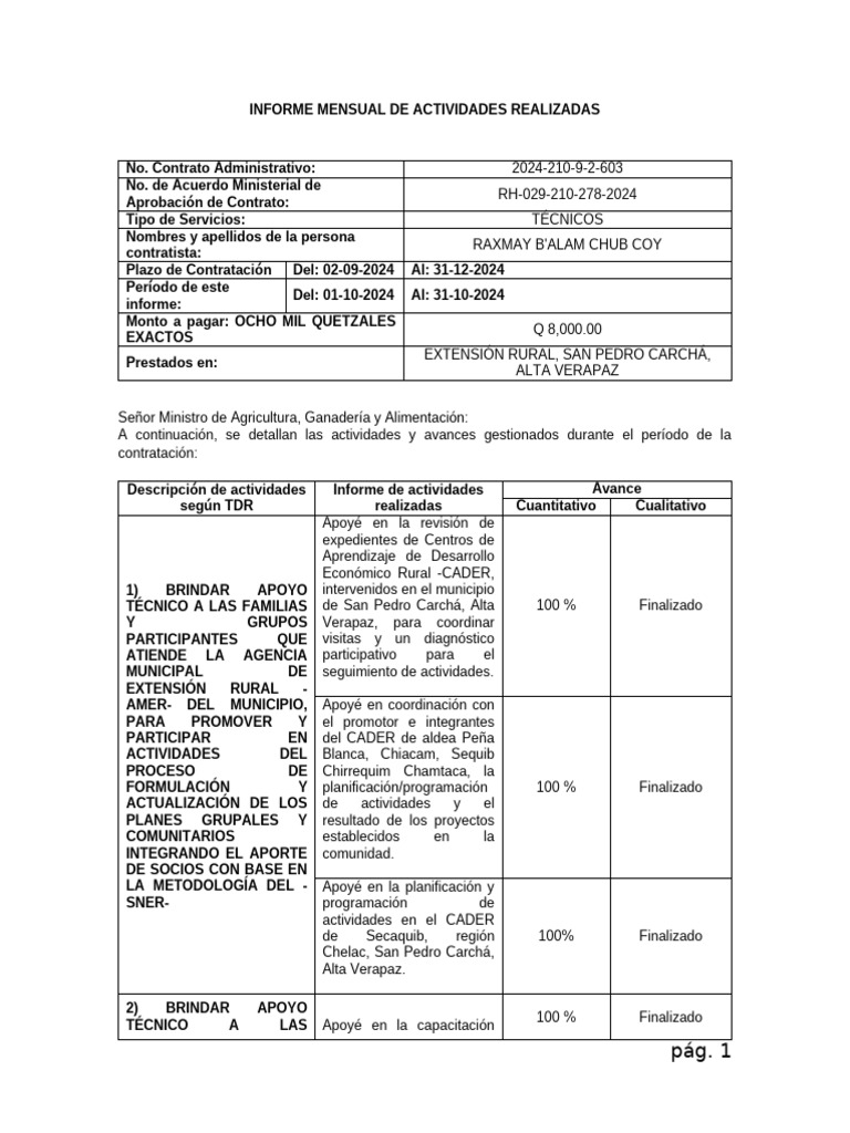 Informe Mensual de Actividades Realizadas, Octubre Af Raxmay Balam Chub ...