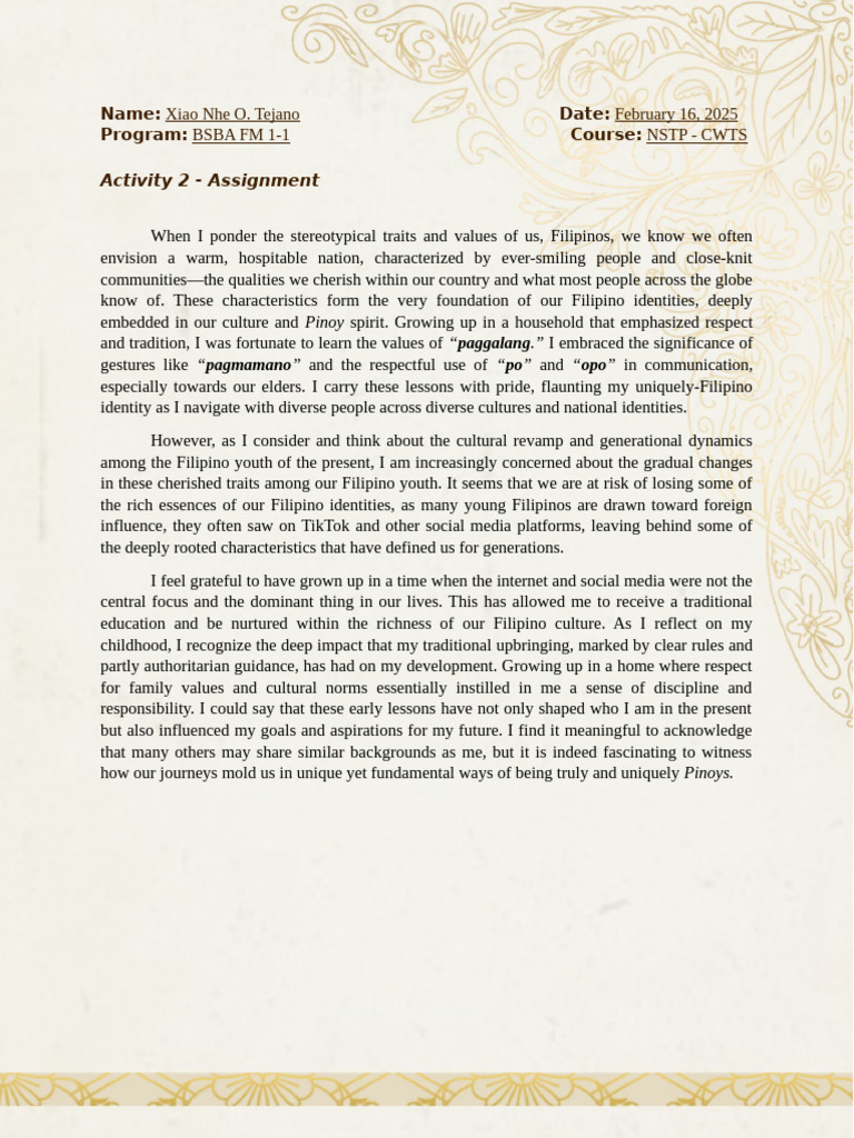 Xiao Nhe O. Tejano CWTS Activity 2 Assignment | PDF | Social Psychology | Liberal Arts Education