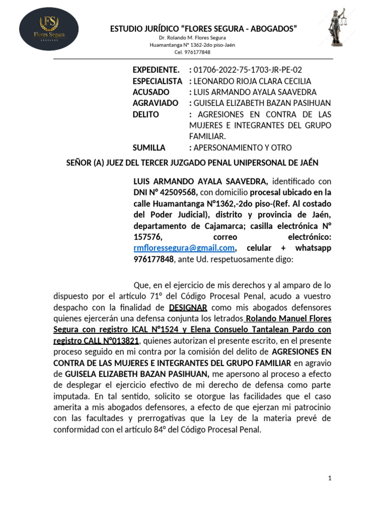 Apersonamiento Expediente #001706-2022-75-1703-JR-PE-02 - Luis Armando Ayala Saavedra | PDF ...