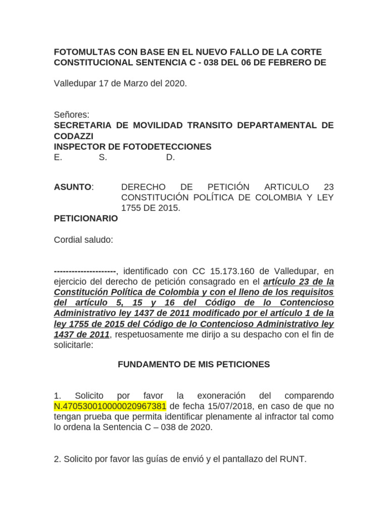 Derecho de Peticion, Foto Multa Nuevo | PDF | Debido al proceso | Justicia