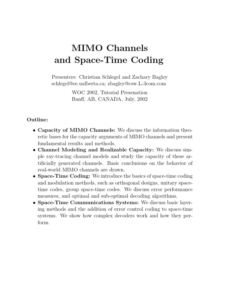 MIMO Channels and Space-Time Coding: Outline | PDF | Mimo | Bandwidth (Signal Processing)