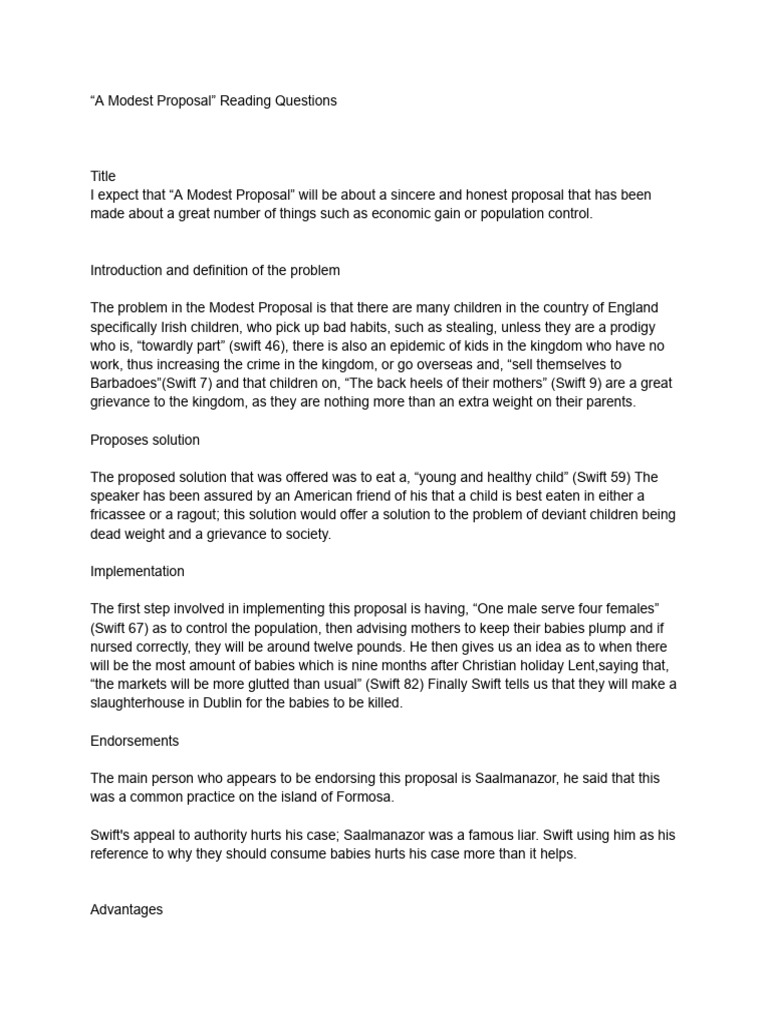 "A Modest Proposal" Reading Questions | PDF