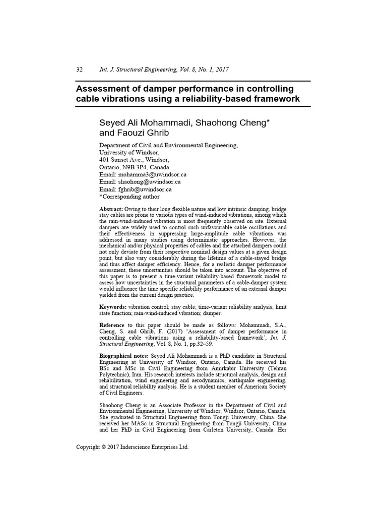 Assessment of Damper Performance in Controlling Cable Vibrations Using A Reliability-Based ...