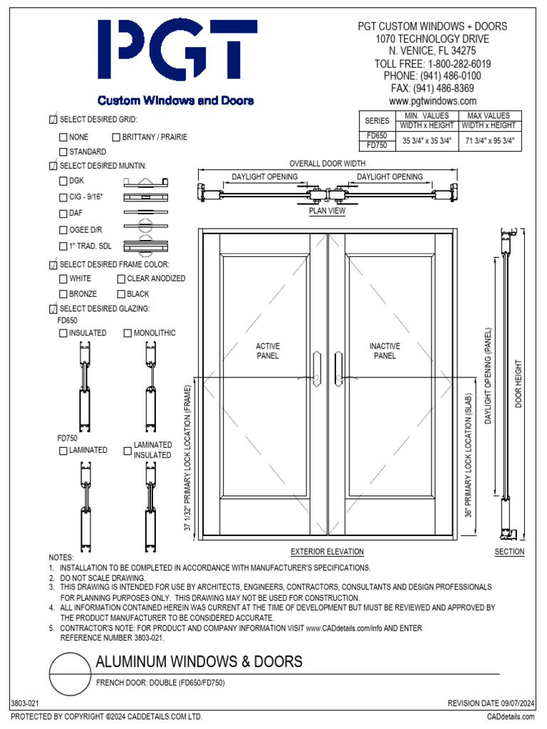 3803-021 - PGT Custom Windows + Doors - French Door - Double (FD650 ...