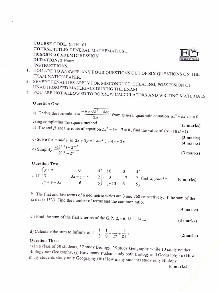 MTH 101 - Questions 1 | PDF