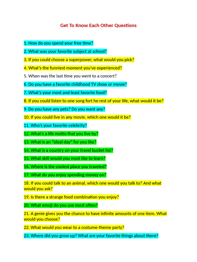 Fun Questions to Know Each Other | PDF