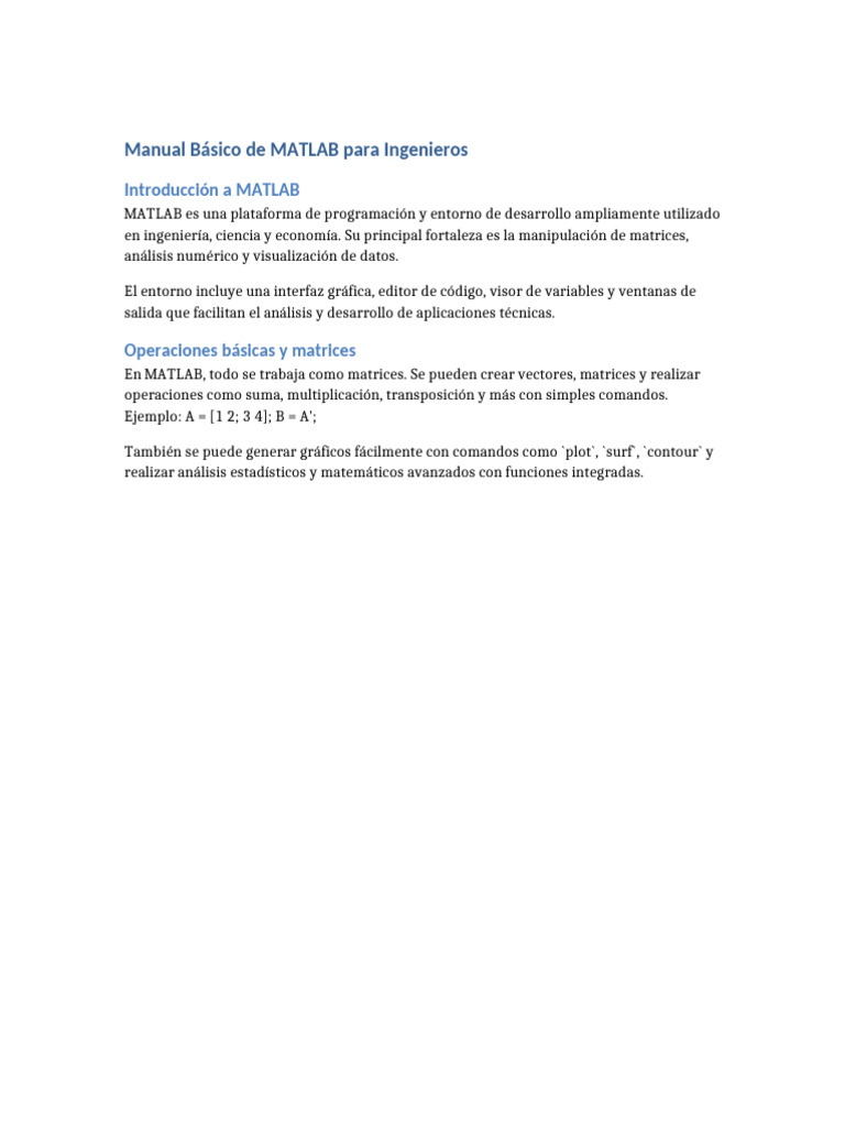 Documento 5 Manual Básico de MATLAB para Ingenieros | PDF