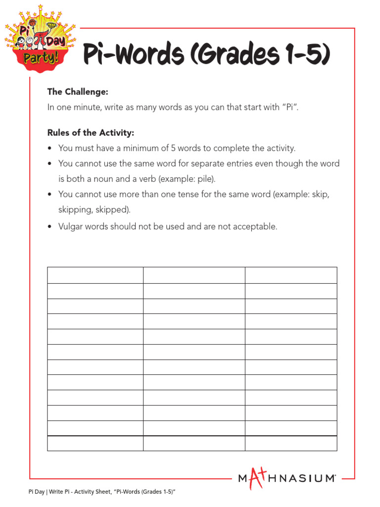 Pi Day Activity: Pi-Words Challenge | PDF