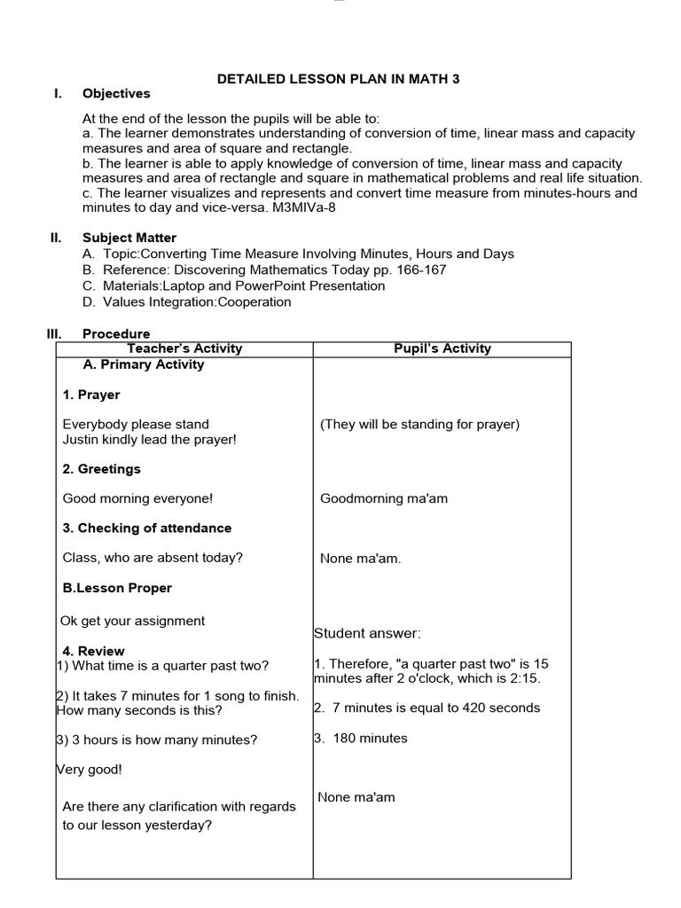 math-3-lesson-plan-day-2 (2) | PDF | Lesson Plan | Learning