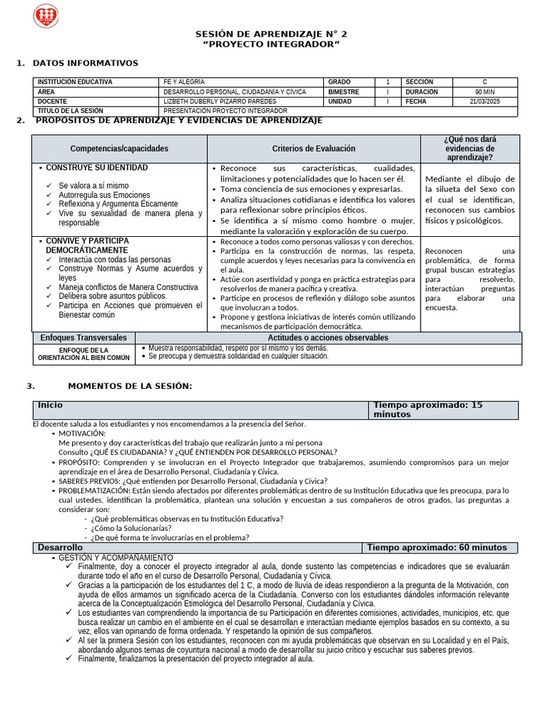 Sesión de Aprendizaje - DPCC 1C (21-03) | PDF | Aprendizaje | Desarrollo personal