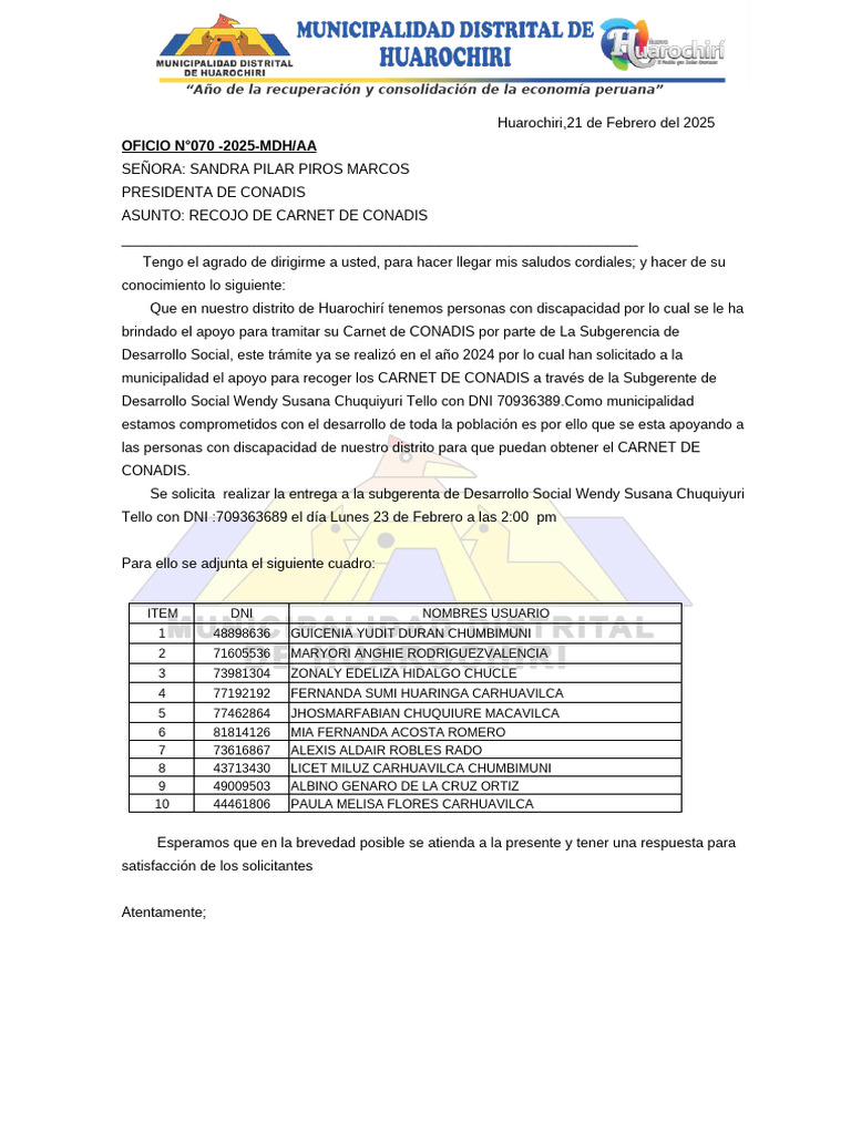 Entrega de Carnet CONADIS en Huarochirí | PDF