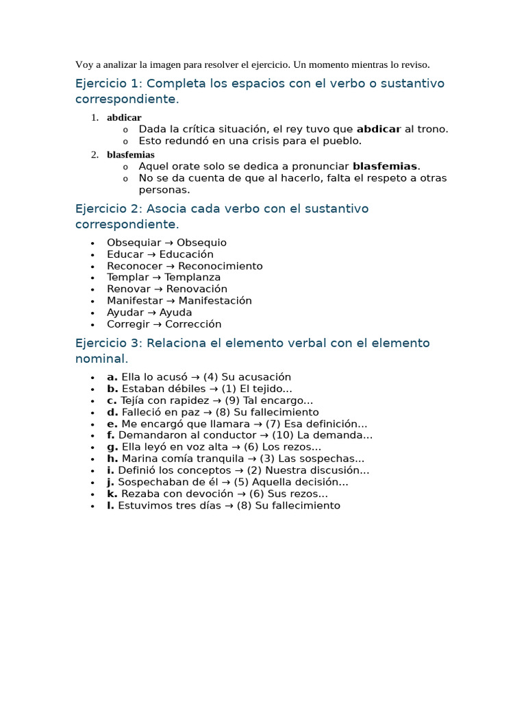 Ejercicio 1: Completa Los Espacios Con El Verbo o Sustantivo ...