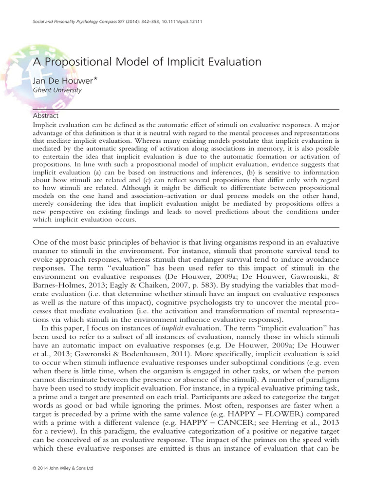 Houwer - A Propositional Model of Implicit Evaluation | PDF | Attitude ...
